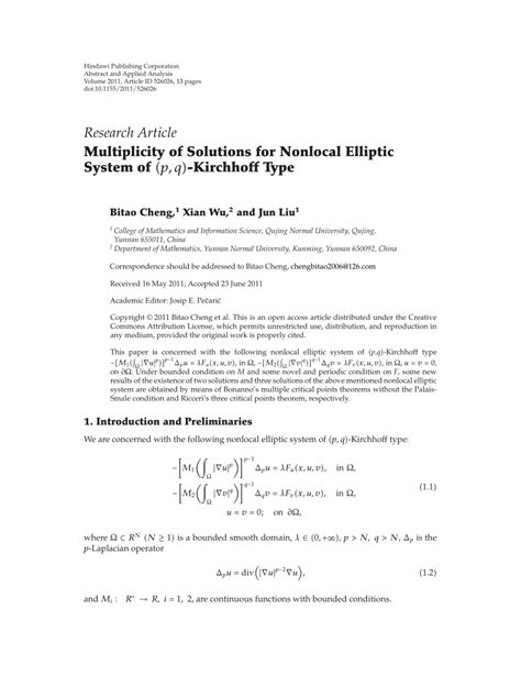 Pdf Multiplicity Of Solutions For Nonlocal Elliptic System Of P Q Kirchhoff Type