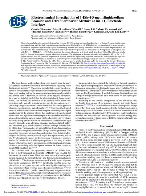 Pdf Electrochemical Investigation Of 1 Ethyl 3 Methylimidazolium