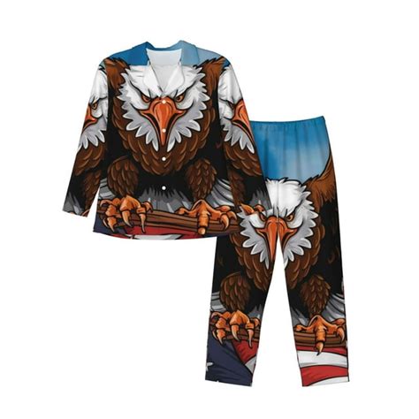 Adobk Cartoon Bald Eagle Usa Print Mens Pajamas Set Long Sleeve Soft