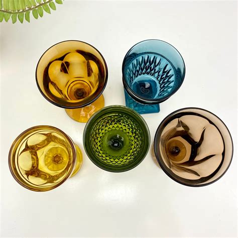 Mid Century Glass Goblets Mixed Set Of Five Mismatched Etsy