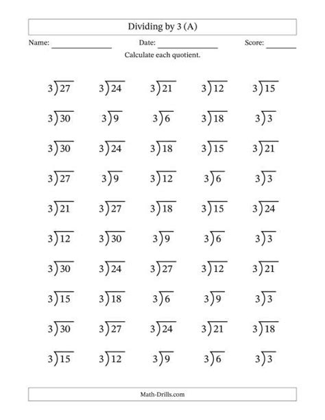 Division Facts By A Fixed Divisor 3 And Quotients From 1 To 10