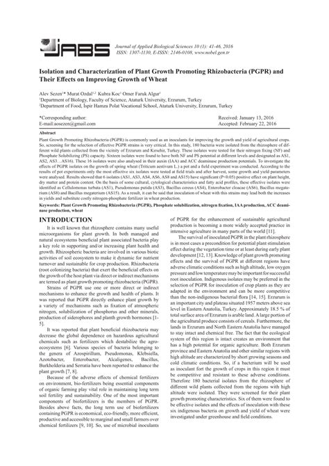 Pdf Isolation And Characterization Of Plant Growth Promoting Rhizobacteria Pgpr And Their