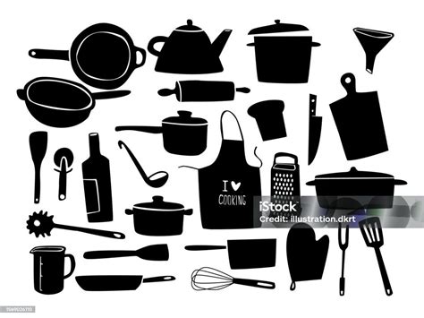 Ensemble Doutils De Cuisine En Silhouette Style De Croquis Dustensile