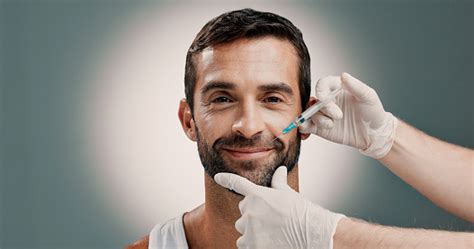 초상화 남자 및 아름다움 주입 스킨 케어 안면 성형 화장품 및 노화 방지 치료를위한 스튜디오에서 사람 바늘과 얼굴 절차 피부 필러 임플란트와 흰색 배경에 변경 25 29세에