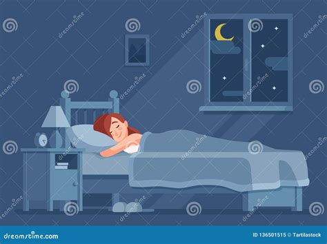 Lady Sleeping At Night Woman Sleep In Bed Under Duvet Cartoon Vector