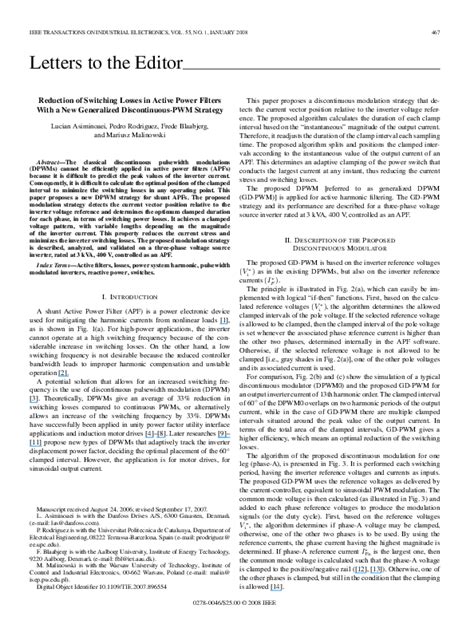 Pdf Reduction Of Switching Losses In Active Power Filters With A New Generalized Discontinuous
