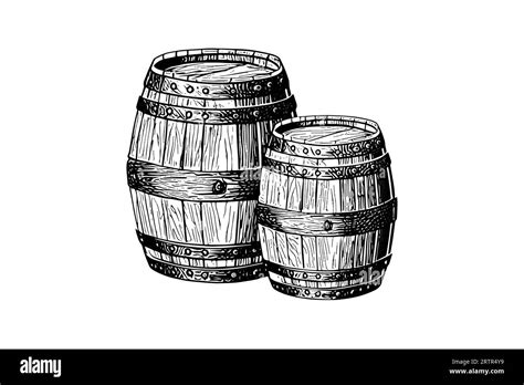 Oak Wooden Barrel Hand Drawn Sketch Engraving Style Vector Illustration