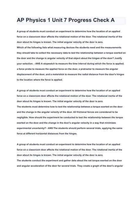 AP Physics 1 Unit 7 Progress Check A Questions Answers 2024 A GRADED 100 VERIFIED Unit