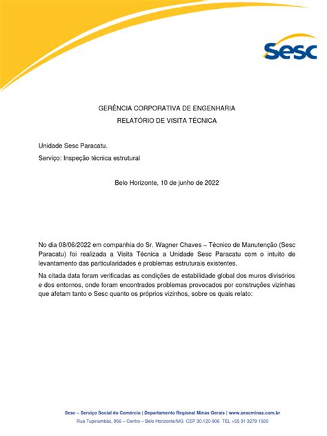 Relatório De Visita Técnica Sesc Paracatu 08 06 2022 Pdf Geociências