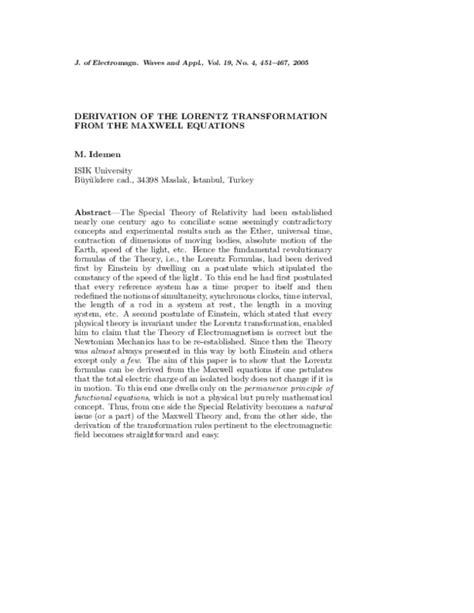 Pdf Derivation Of The Lorentz Transformation From The Maxwell Equations