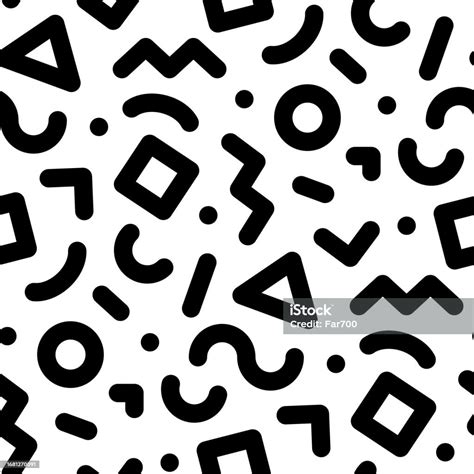 검은색 작은 선형 기하학적 모양은 흰색 배경에 분리되어 있습니다 모노크롬 이음매 없는 패턴 벡터 간단한 평면 그래픽 그림입니다 텍스처 검은색에 대한 스톡 벡터 아트 및 기타