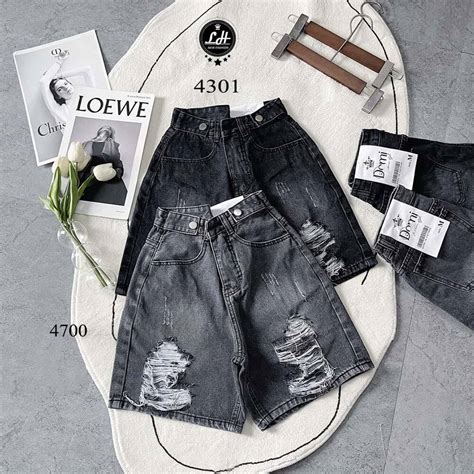 Quần Ngố Nữ ống Rộng Quần Short Jean Màu Xám Rách Gối Cạp Cao Bass ở