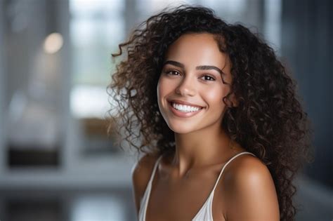 Premium Ai Image Portrait Of Smiling Young Woman With Curly Hair
