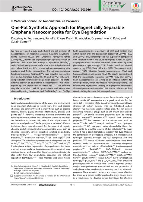 Pdf One‐pot Synthetic Approach For Magnetically Separable Graphene Nanocomposite For Dye