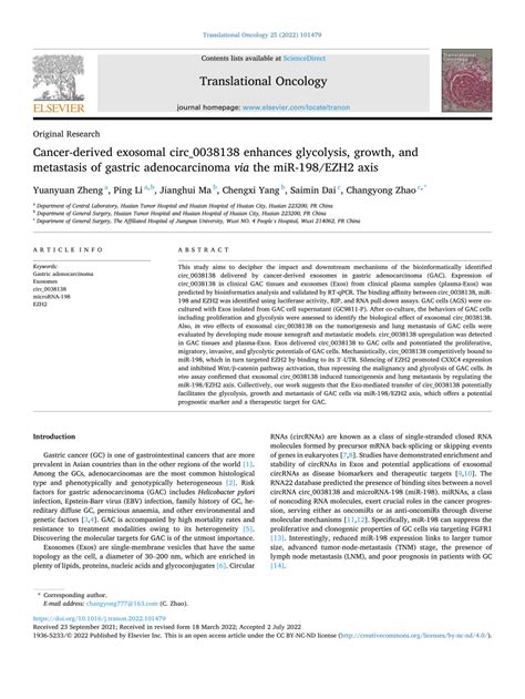 PDF Cancer Derived Exosomal Circ Enhances Glycolysis Growth And Metastasis Of