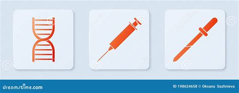 Set Syringe Dna Symbol And Pipette White Square Button Stock Vector