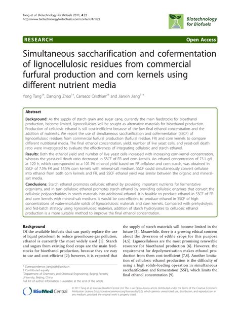 Pdf Simultaneous Saccharification And Cofermentation Of Lignocellulosic Residues From