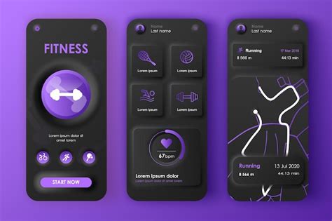피트니스 운동 개념 뉴모픽 템플릿은 트래커의 다른 스포츠 Ui Ux Gui 화면을 설정합니다 프리미엄 벡터