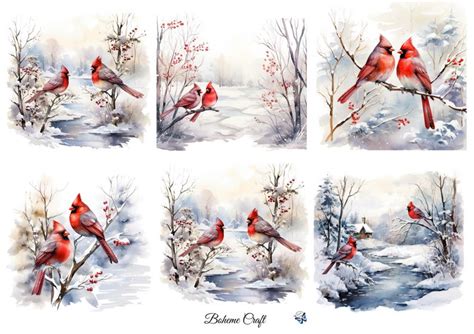 Bird Rice Paper For Decoupage Red Cardinal Snow Scene Collage Sheet