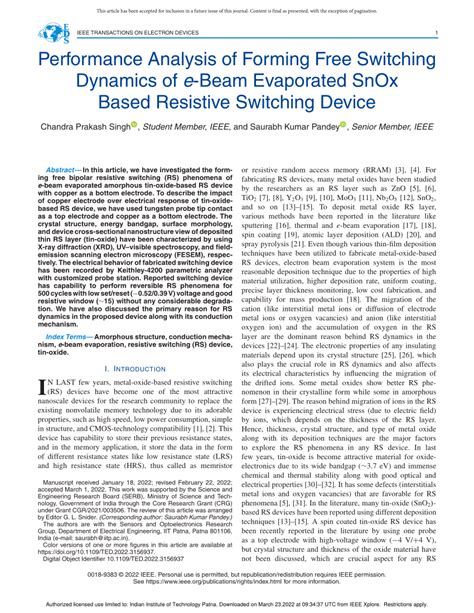 Pdf Performance Analysis Of Forming Free Switching Dynamics Of E Beam Evaporated Snox Based