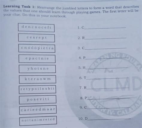 Learning Task 1 Rearrange The Jumbled Letters To Form A Word That