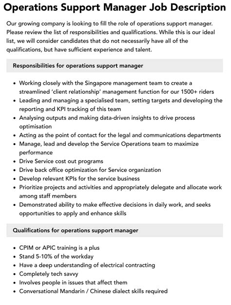 Operations Support Manager Job Description Velvet Jobs