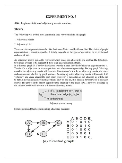 Experiment No 7 Adj Matrix Pdf Matrix Mathematics Vertex Graph Theory