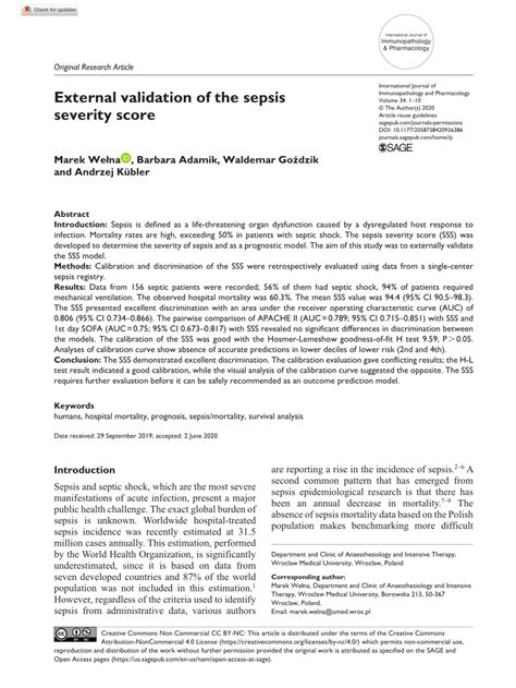 Pdf External Validation Of The Sepsis Severity Score