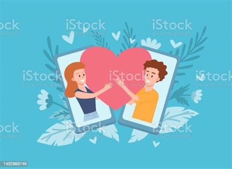 장거리 관계에있는 남자와 여자 파란색 배경에 플랫 벡터 일러스트레이션 Brand Name Online Messaging