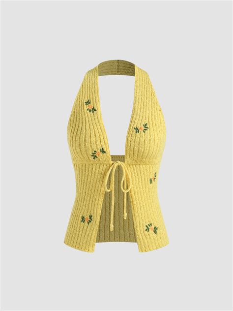 Knit Fabric Halter Neckline Graphic Floral Knitted Crop Top For Date