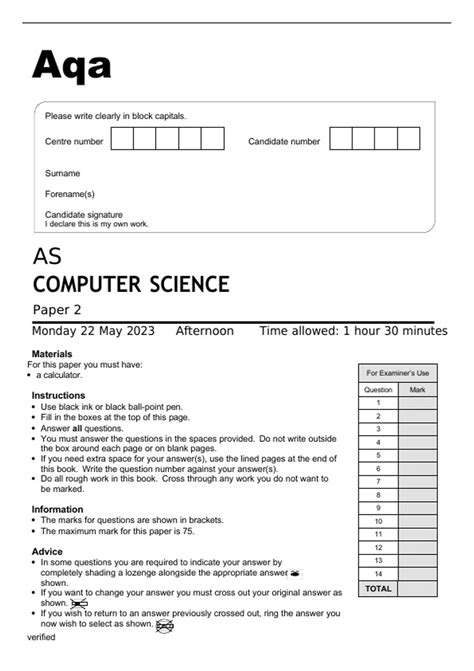Aqa As Computer Science 75162 Question Paper And Mark Scheme June2023 Stuvia Us