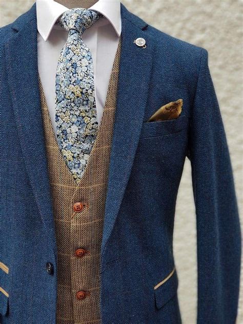 Marc Darcy Blue Tweed Wedding 3 Piece Suit With Brown Waistcoat Marc Darcy Dion Ted Menswearr