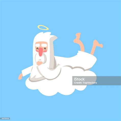 행복 한 신 문자 흰 구름에 쉬고입니다 창조주의 일상 기독교 종교 테마입니다 파란색 배경에 고립 된 평면 벡터 남자에 대한 스톡