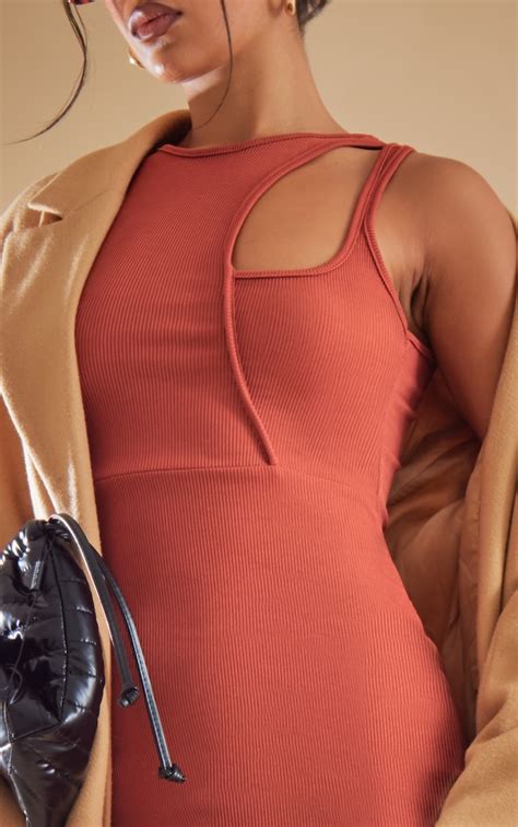 Rust Rib Binding Cut Out Sleeveless Midaxi Dress Dresses Plt
