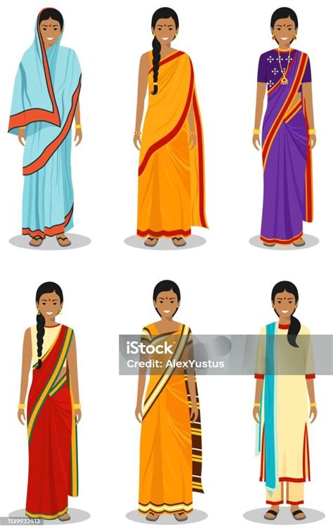 인도 여자입니다 평면 스타일에서 흰색 배경에 고립 된 전통적인 국가 의류에서 다른 서 있는 젊은 성인 여자의 집합입니다 동쪽 드레스에 있는 사람들의 차이 벡터 일러스트입니다