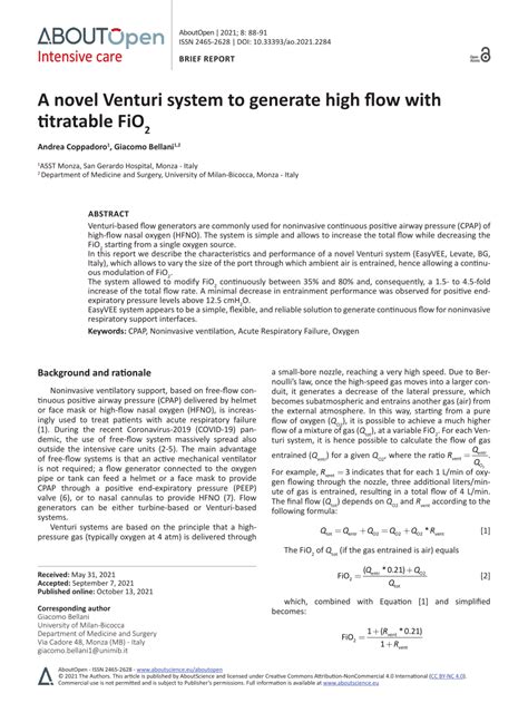PDF A Novel Venturi System To Generate High Flow With Titratable FiO2