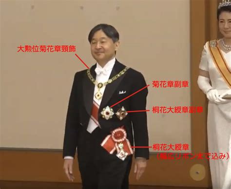 大勲位菊花章は日本の最高位勲章、桐花大綬章はそれに次ぐ桐花章系の最高位。宝冠章は女性（現在は女性皇族）に限定された勲章で、大綬章はその最高位。