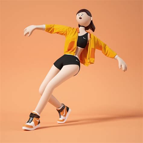 A Woman In Yellow Jacket And Black Shorts Skating On Orange Background With Arms Outstretched To