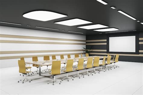 空白の白いモックアップ プレゼンテーション ポスターと家具 3 D レンダリングと現代的な会議室のインテリア プレミアム写真