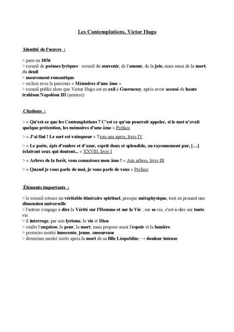 Fiche Les Contemplations Victor Hugo Schémas Français Docsity