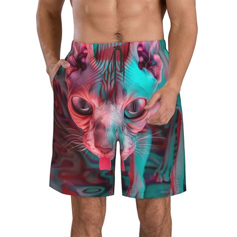 Cauagu Psychedelic Hairless Cat Print Mens Swim Trunkshawaiian