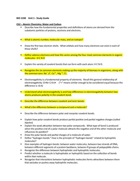 Print Bio Review Cool BIO 1330 Unit 1 Study Guide Ch2 Atomic