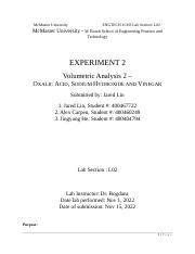 Chemistry Lab Report 2 Docx McMaster University ENGTECH 1CH3 Lab