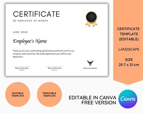 Award Certificate Template Editable Employee Of The Month Certificate