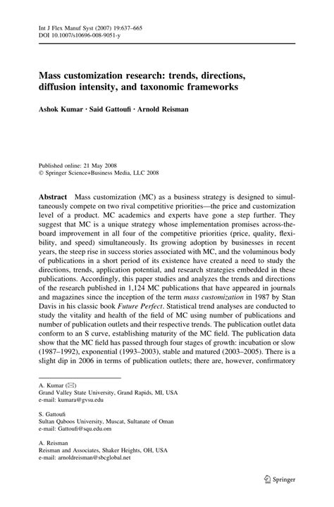 Pdf Mass Customization Research Trends Directions Diffusion
