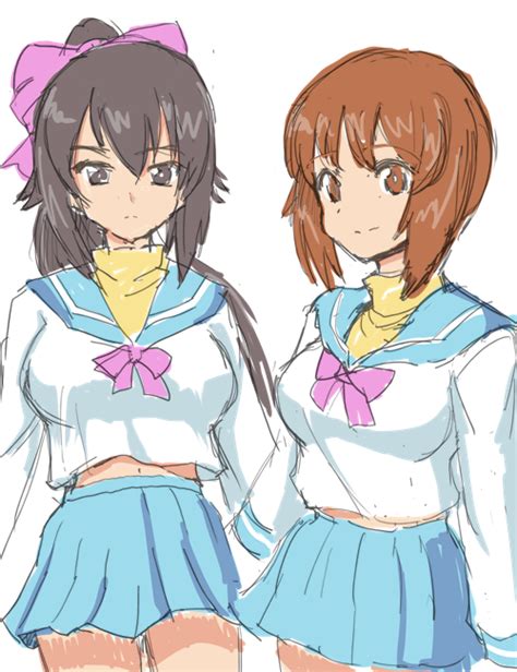 Safebooru 2girls Blue Sailor Collar Blue Skirt Breasts Brown Eyes