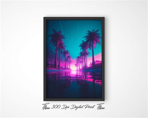 Synthwave Tree Line Digital Art Ai Synthwave Wall Art Tropical