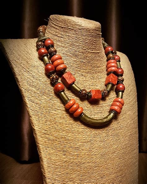 Колье Бохо натуральный губчатый коралл древесная яшма бронзовая фурнитура Бижутерия