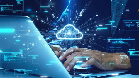 Close Up Of Hands Typing On A Laptop With A Glowing Cloud Icon And