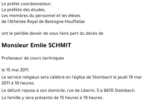 Avis De Décès De Emile Schmit Décédé Le 01011901 à Annonce